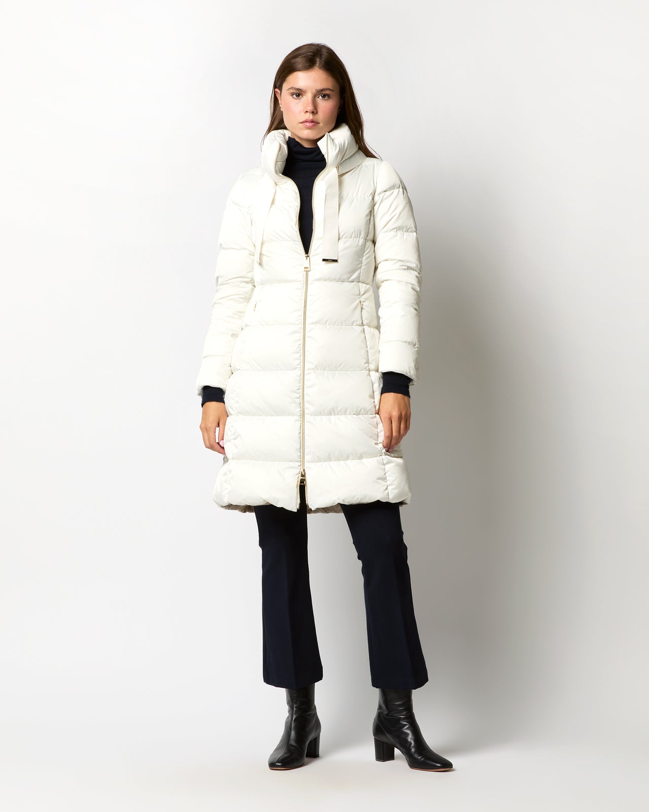 Sateen Nylon Long Hourglass Coat in White | Shop Ann Mashburn
