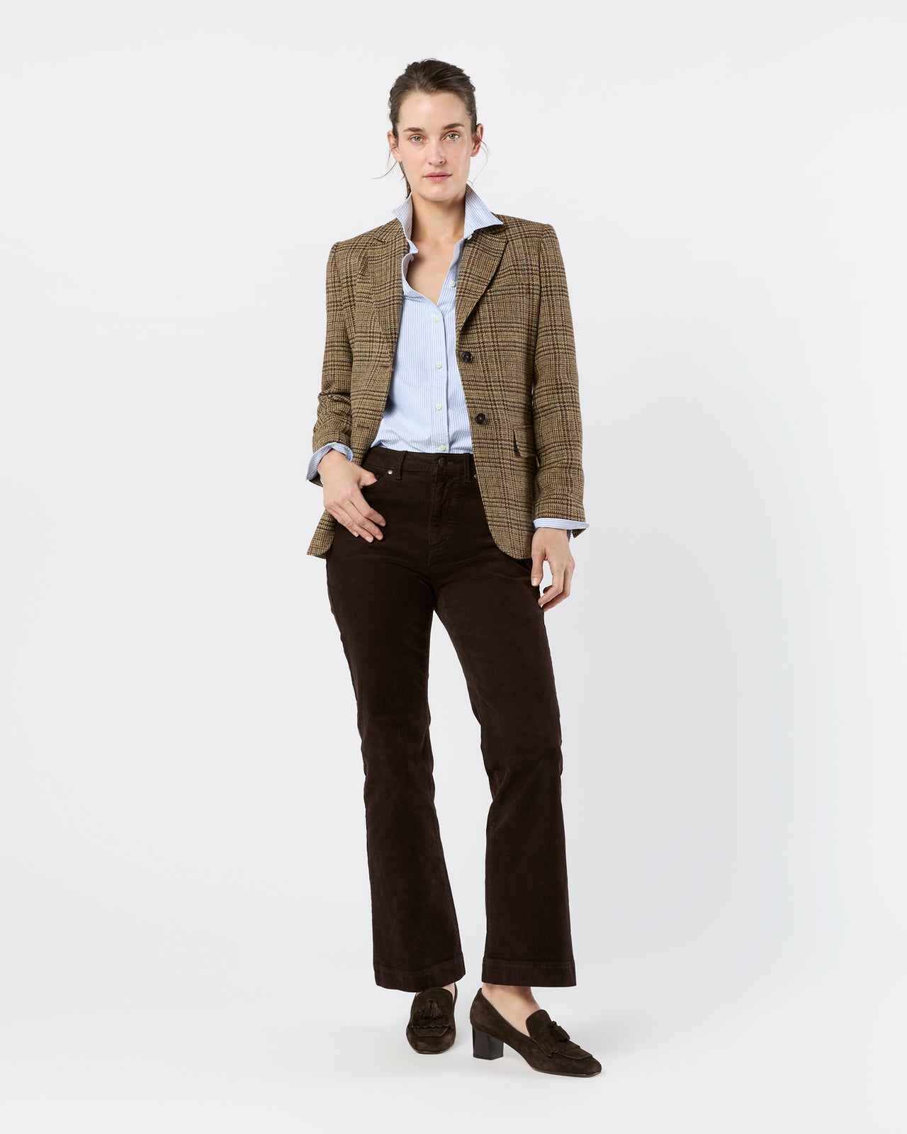 Sarah Jacket in Brown/Blue Glen Plaid Tweed | Shop Ann Mashburn