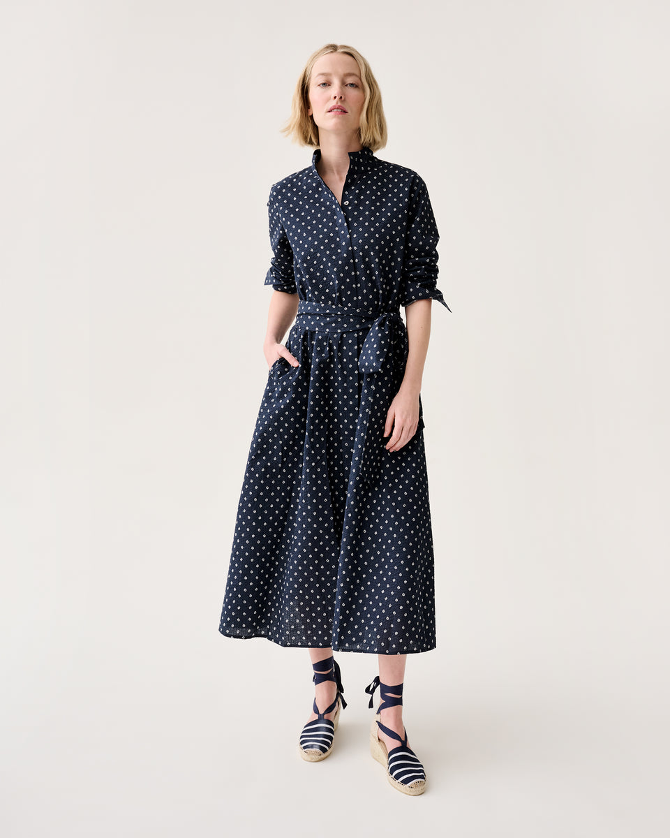 Annette Dress in Navy Leaf Printed Crinkle Cotton | Shop Ann Mashburn