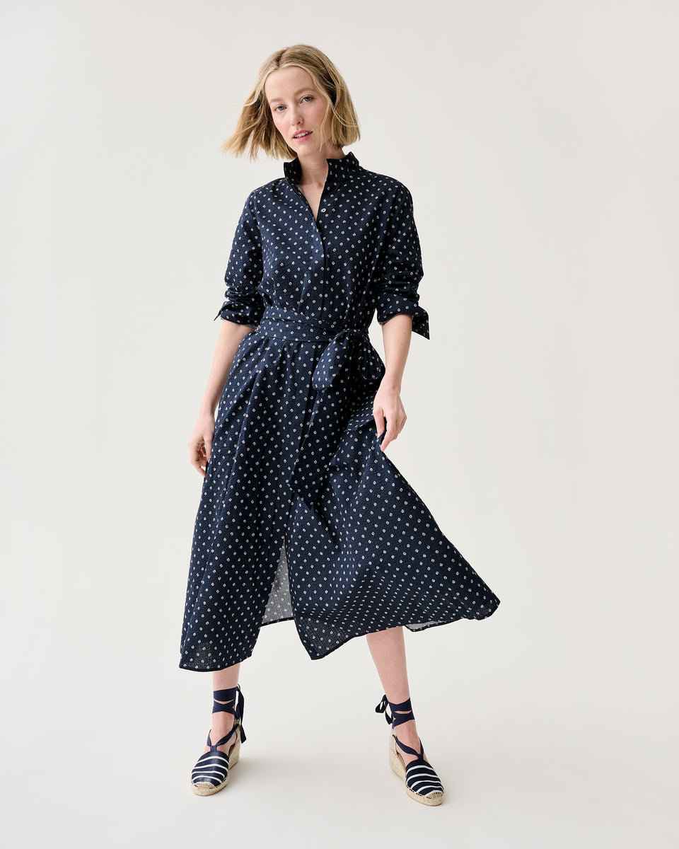 Annette Dress in Navy Leaf Printed Crinkle Cotton | Shop Ann Mashburn