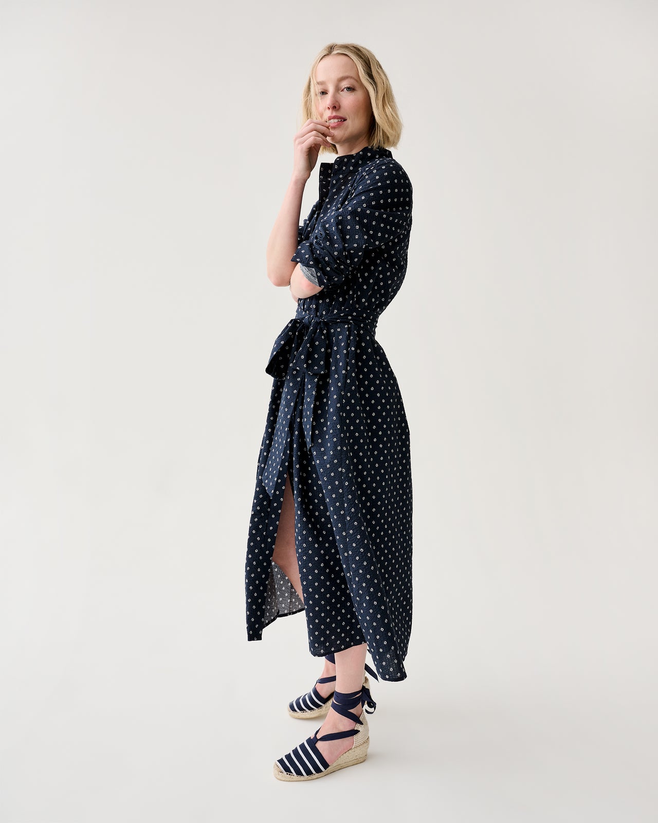 Annette Dress in Navy Leaf Printed Crinkle Cotton | Shop Ann Mashburn