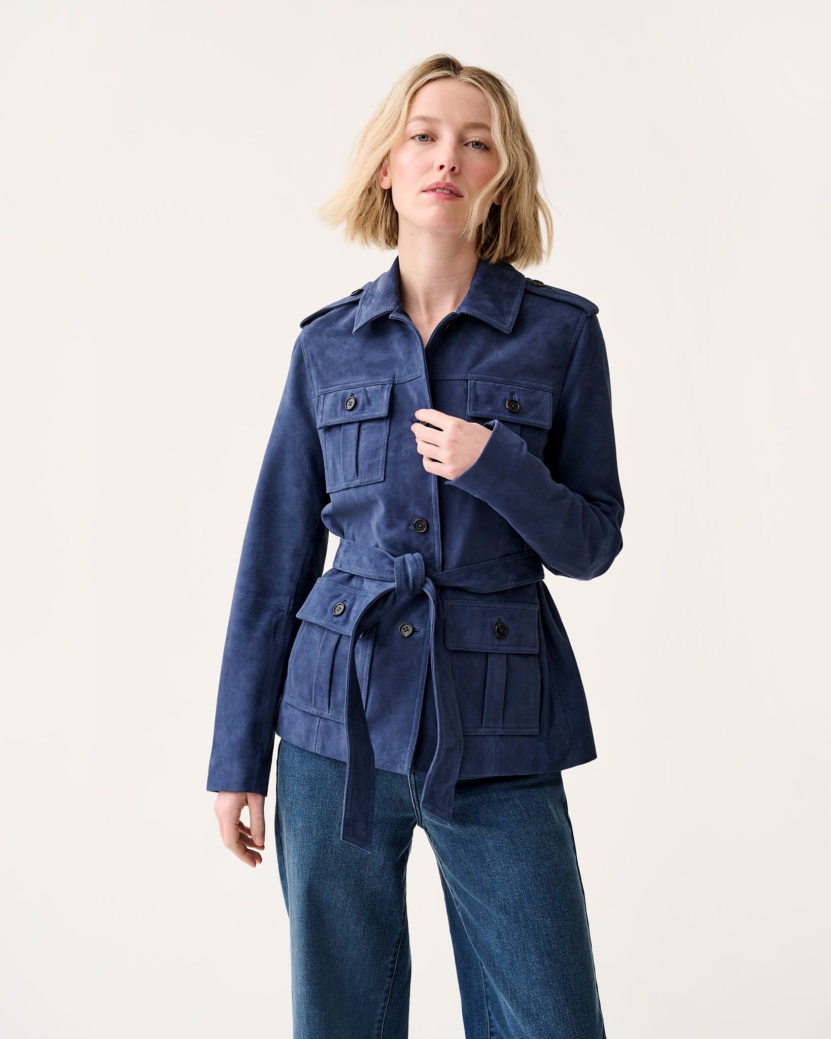 Safari Jacket in Bright Navy Suede | Shop Ann Mashburn